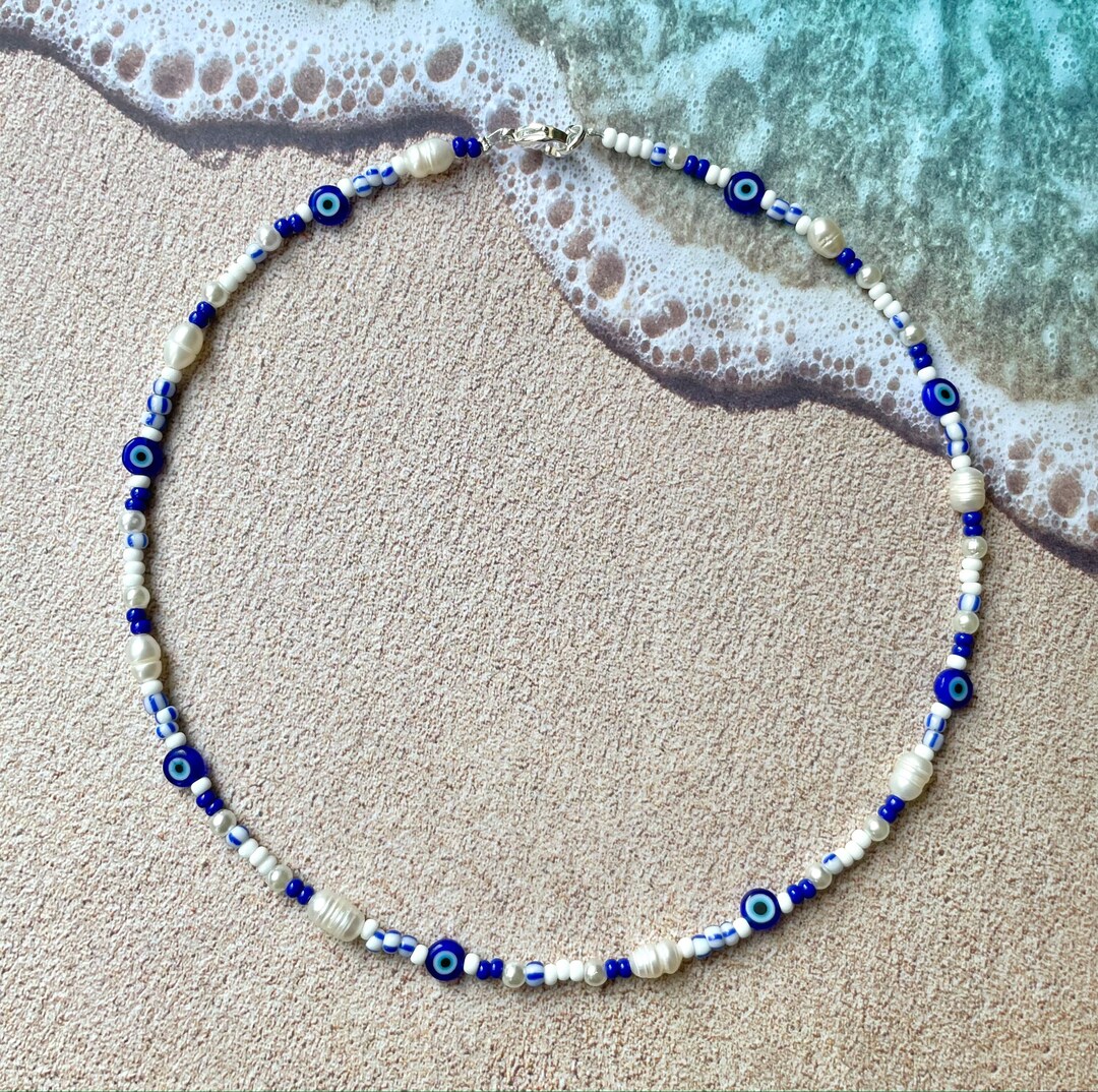 Evil Eye Beaded Necklace With Freshwater Pearls - Etsy
