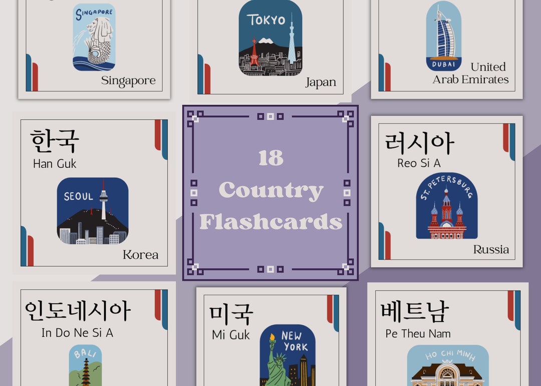 Korean Hangul Flashcards Country Flash Card Printables - Etsy