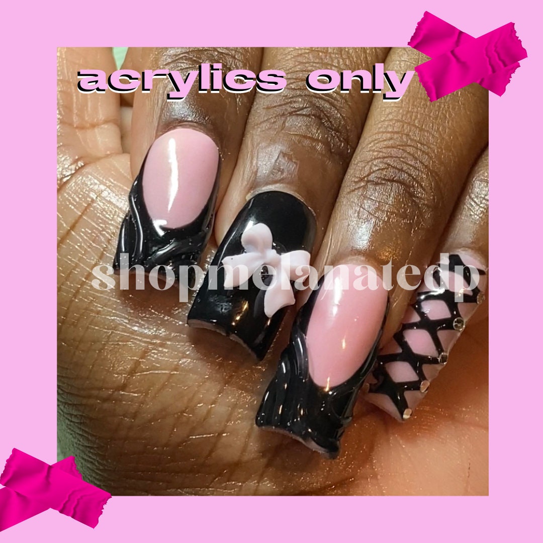 ACRYLIC ONLY - JEALOUSY / Acrylic Press on Nails/ Black French Tip Nails/ Ready to Wear Nails ...
