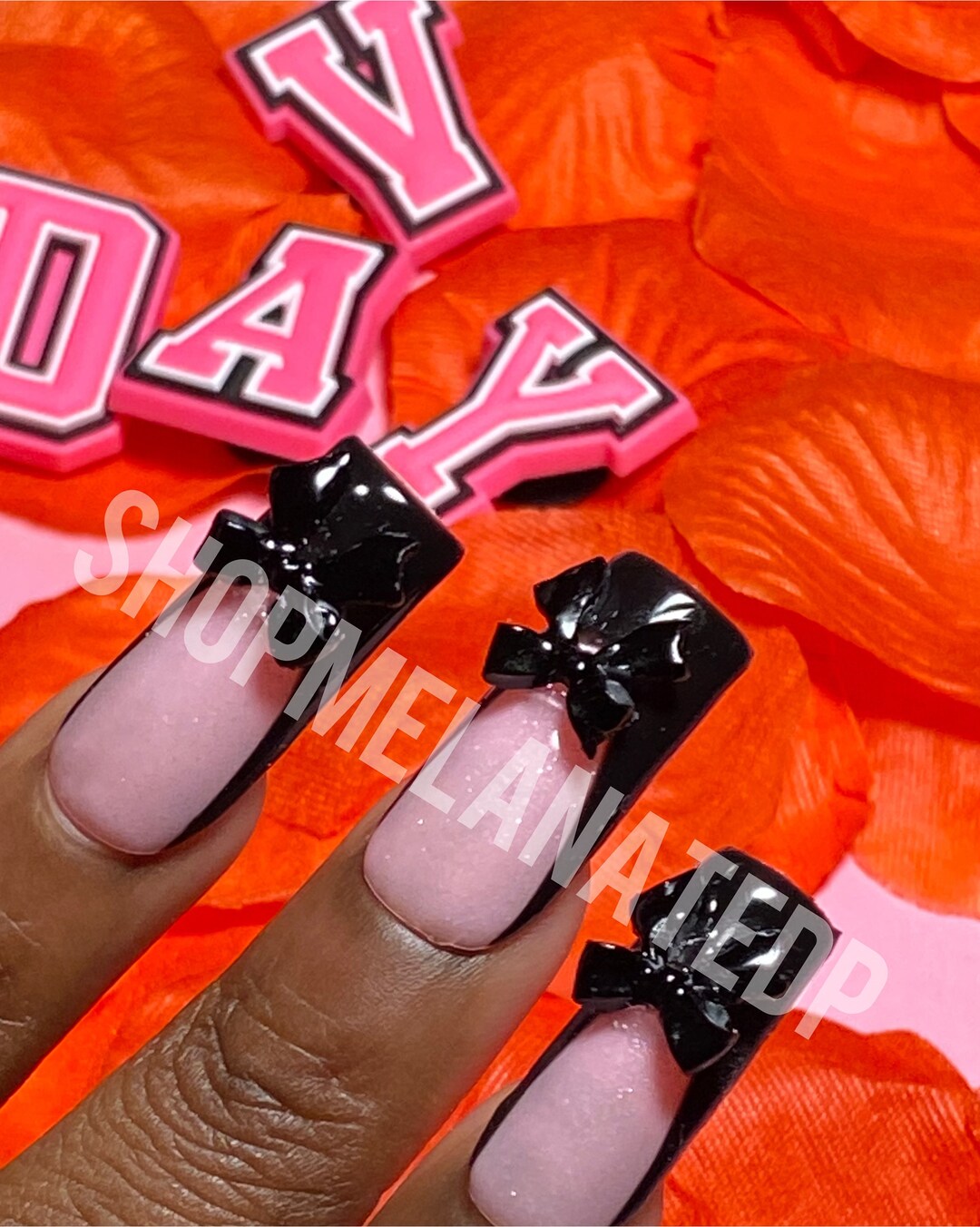 HEARTBREAKER / Black French Tip, Black Bow Nails, Jet Black Nails, Long ...