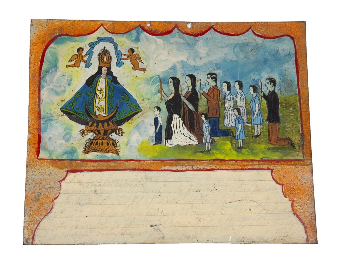 1957 Mexican Ex Voto Painting on Tin, Large Family Praying, Retablo ...