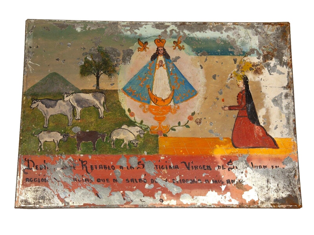 1950s-60s Mexican Ex-voto Folk Art Retablo Painting on Tin, Ranch ...