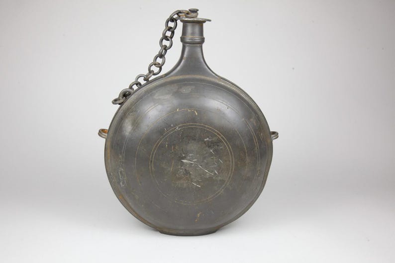 19th C. Pewter Pilgrim Flask, Canteen With Chain and Screw on Lid - Etsy