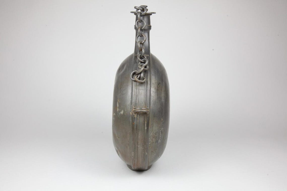 19th C. Pewter Pilgrim Flask, Canteen With Chain and Screw on Lid - Etsy