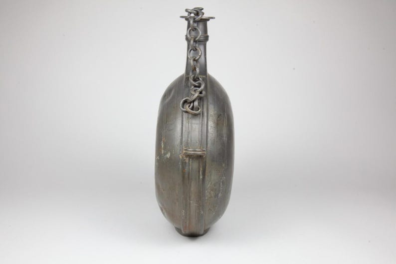 19th C. Pewter Pilgrim Flask, Canteen With Chain and Screw on Lid - Etsy