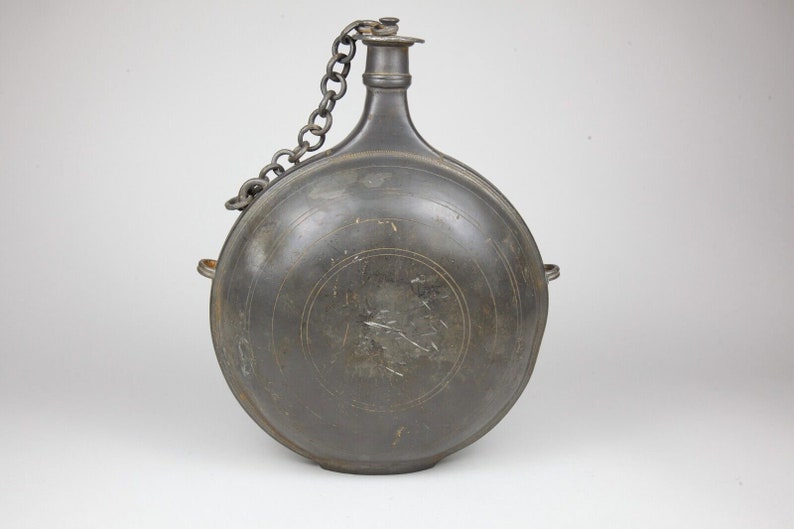 19th C. Pewter Pilgrim Flask, Canteen With Chain and Screw on Lid - Etsy