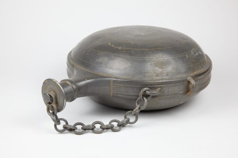 19th C. Pewter Pilgrim Flask, Canteen With Chain and Screw on Lid - Etsy