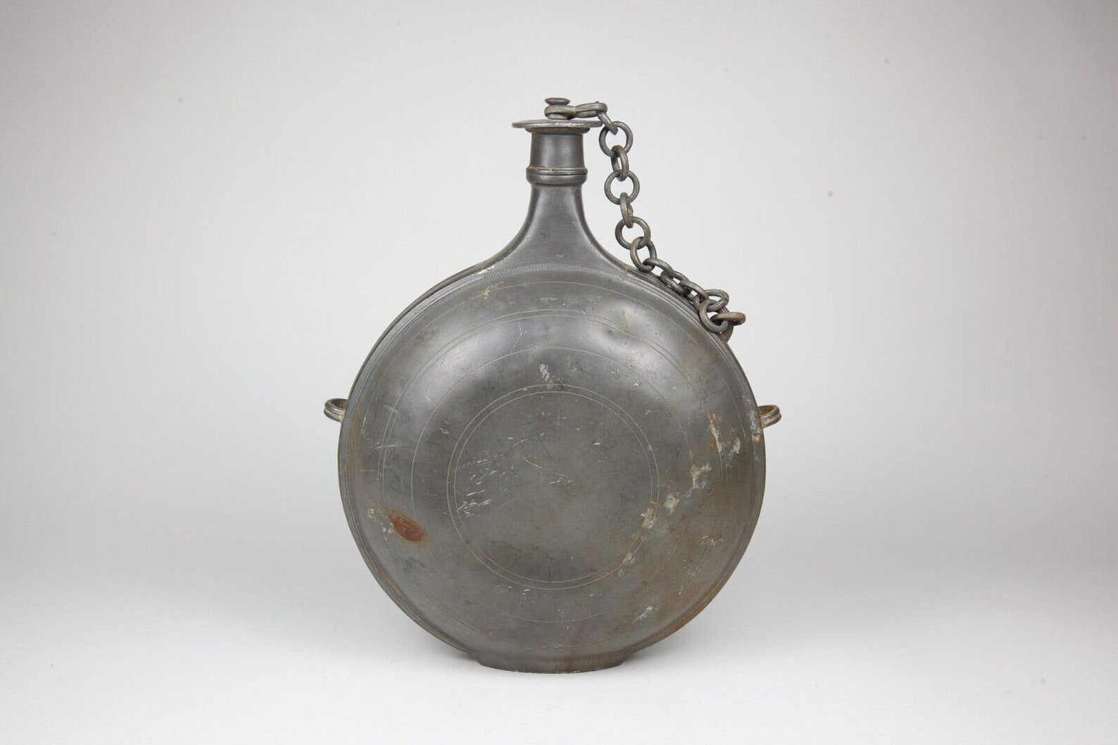 19th C. Pewter Pilgrim Flask, Canteen With Chain and Screw on Lid - Etsy