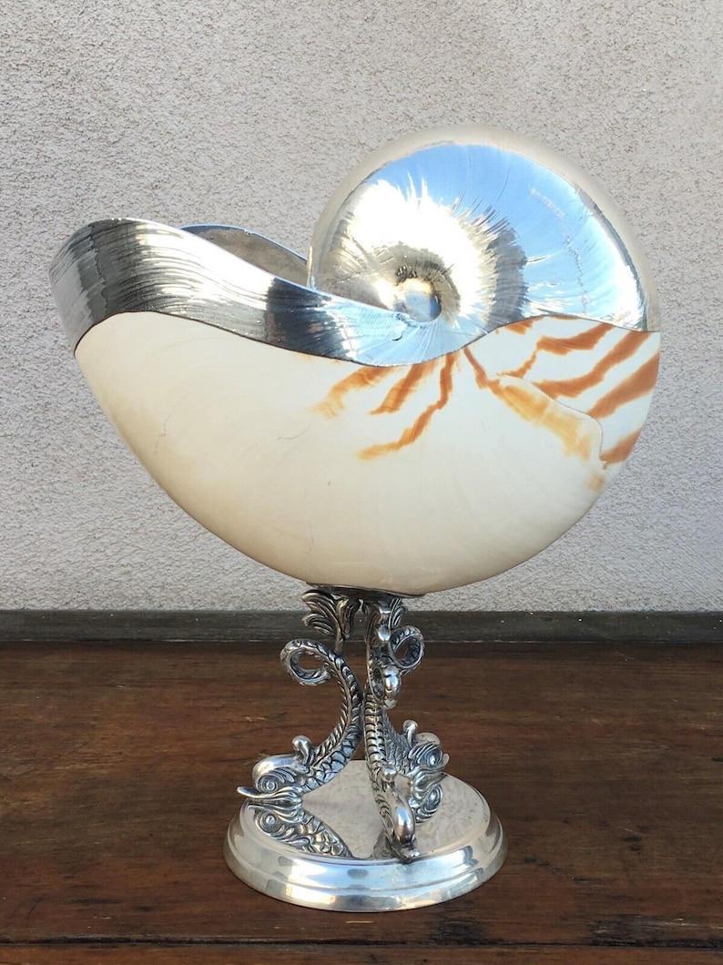 20th C. Italian Silver Mounted Tiger Nautilus Shell on Three Dolphin ...
