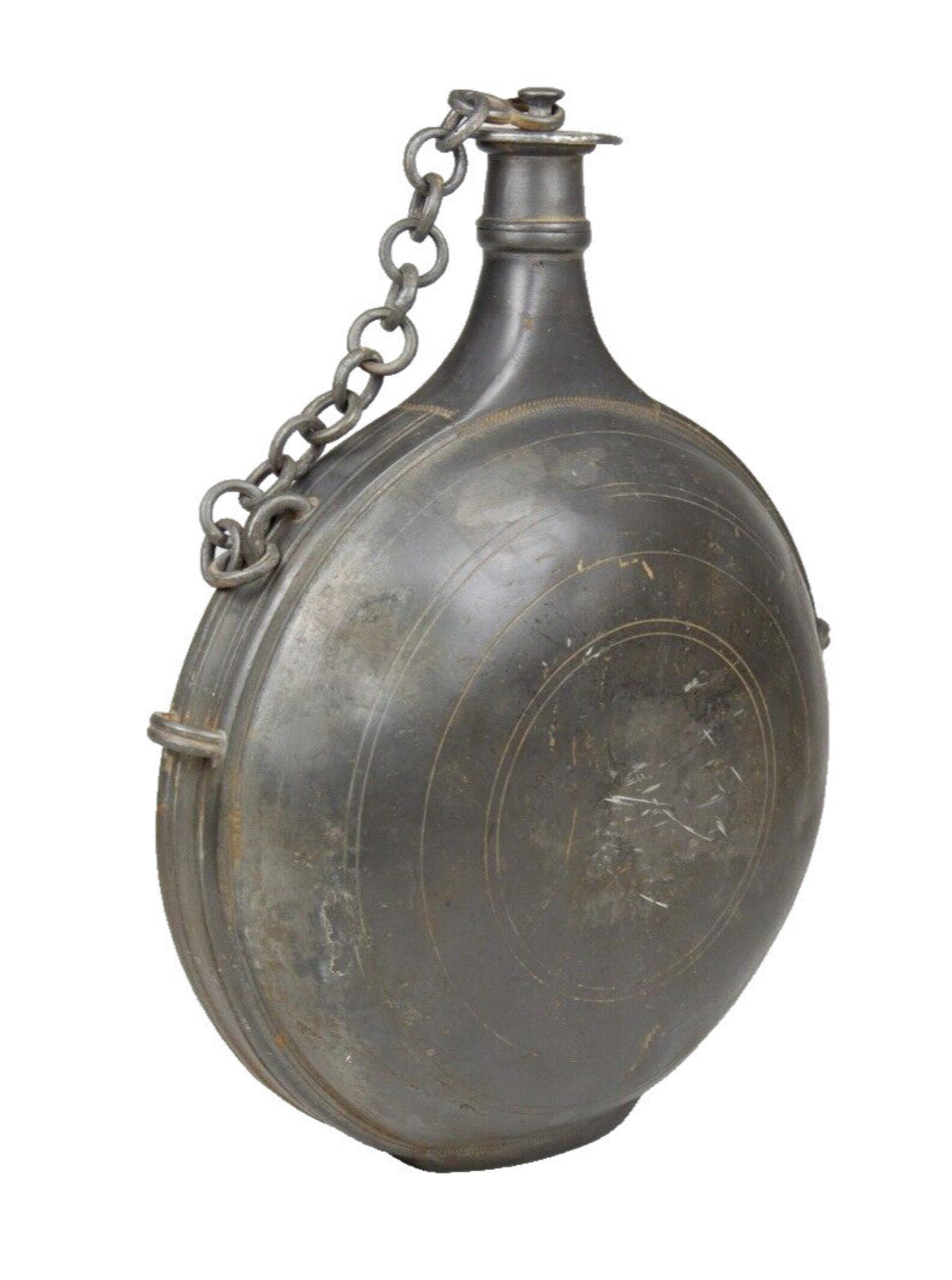 19th C. Pewter Pilgrim Flask, Canteen With Chain and Screw on Lid - Etsy