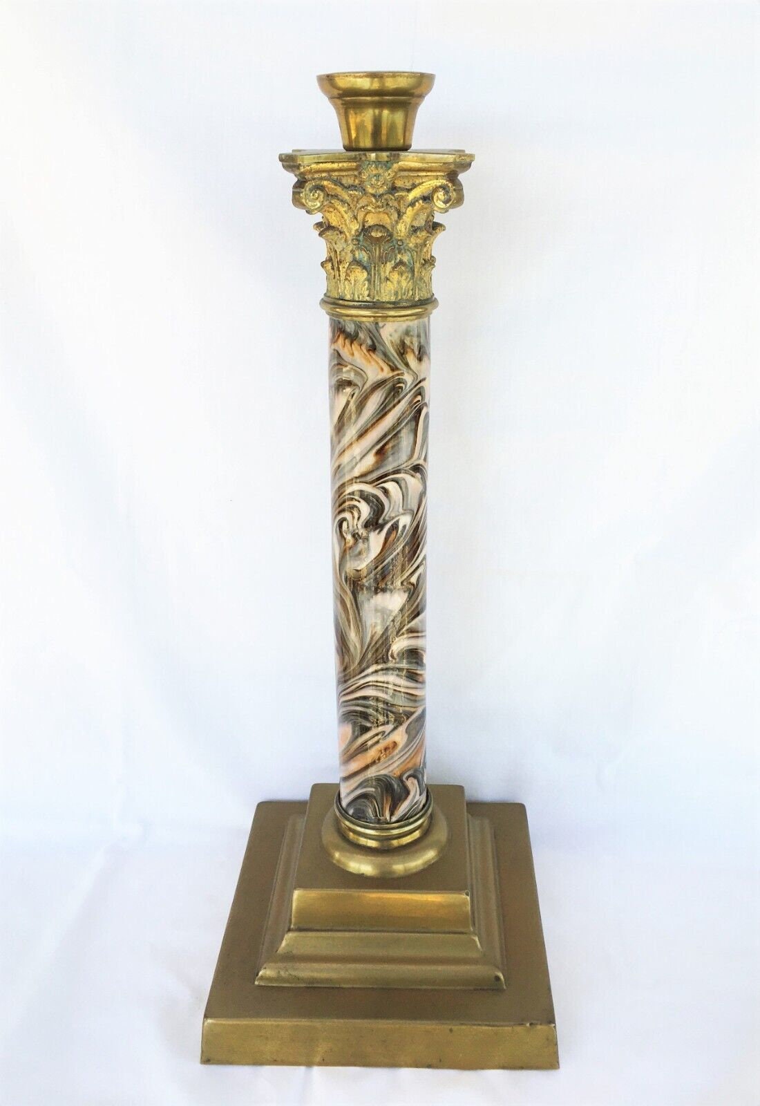 18th C. English Staffordshire Agateware Candlestick, Bronze & Brass ...