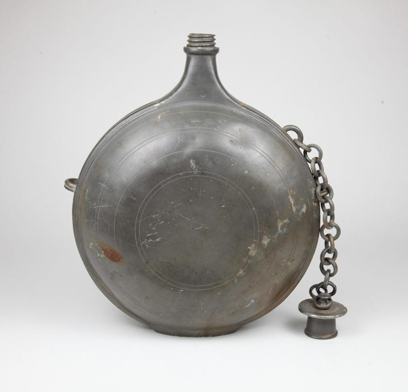 19th C. Pewter Pilgrim Flask, Canteen With Chain and Screw on Lid - Etsy