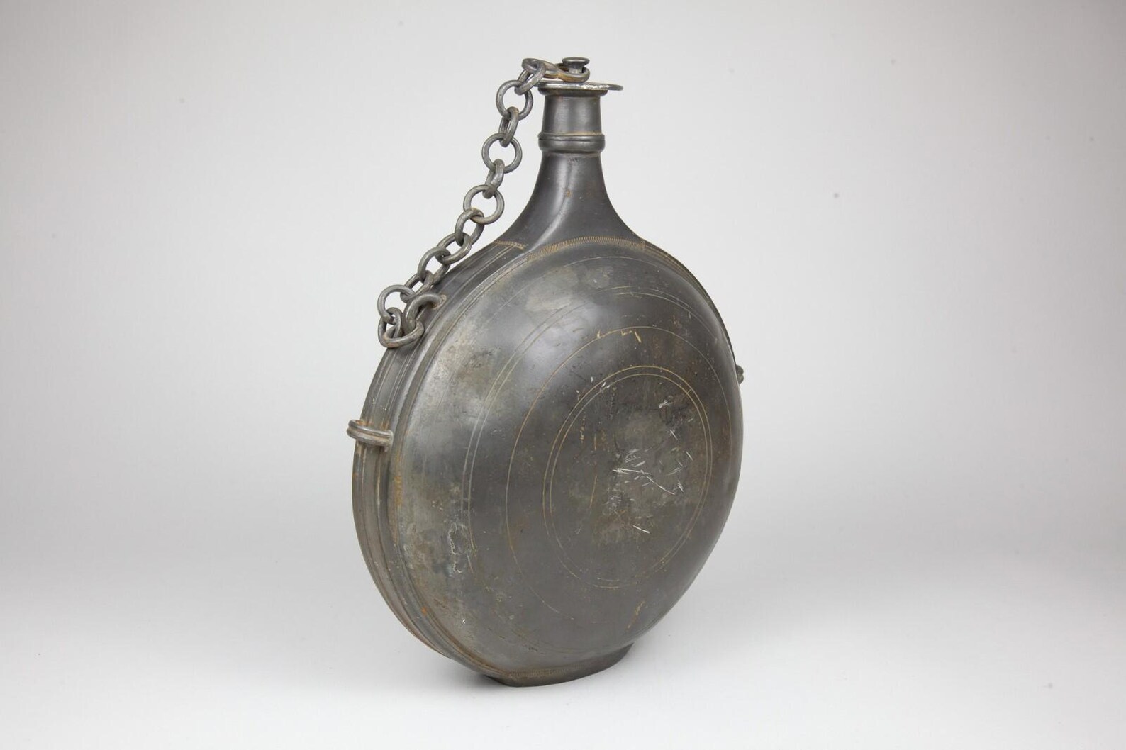 19th C. Pewter Pilgrim Flask, Canteen With Chain and Screw on Lid - Etsy