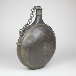 19th C. Pewter Pilgrim Flask, Canteen With Chain and Screw on Lid - Etsy