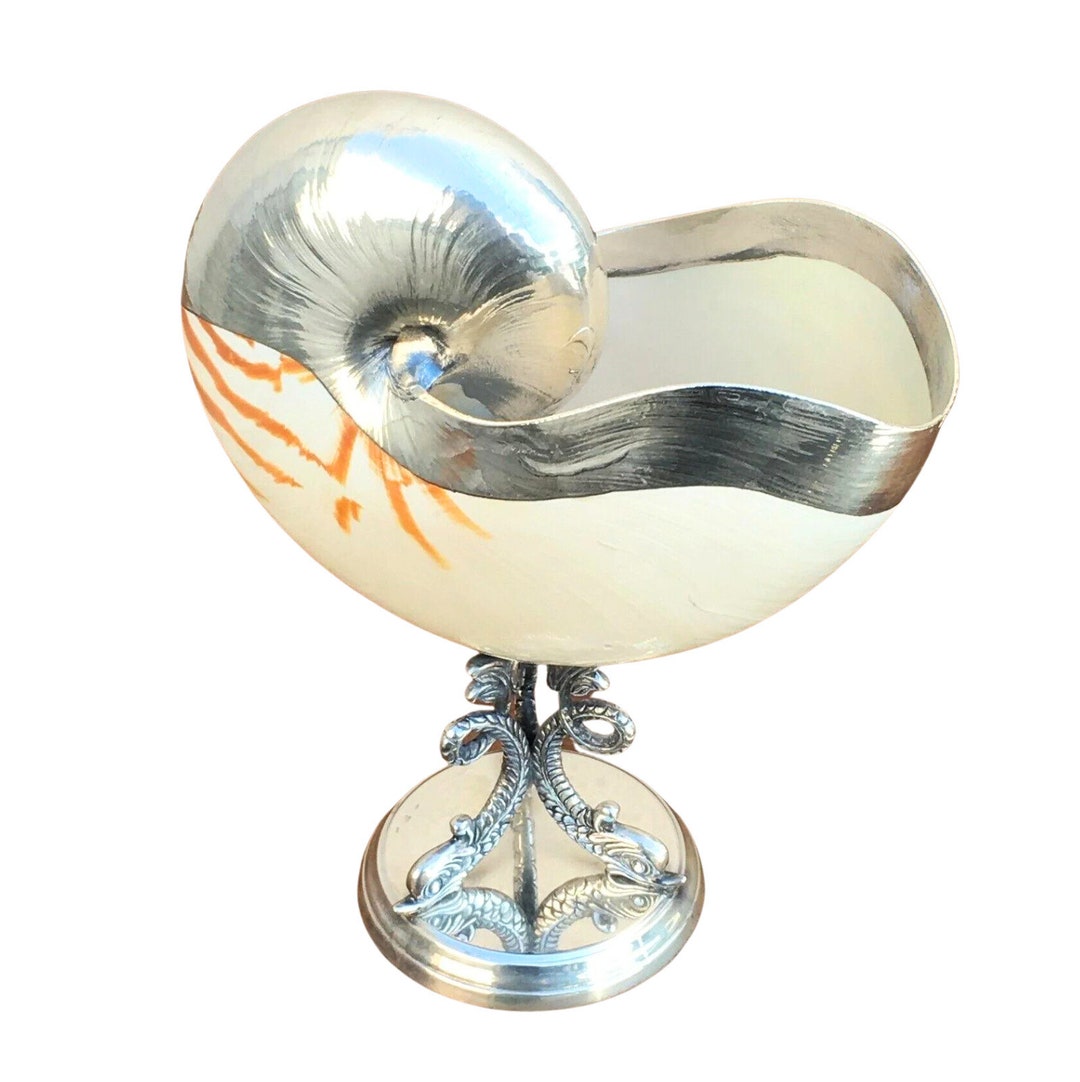 20th C. Italian Silver Mounted Tiger Nautilus Shell on Three Dolphin ...