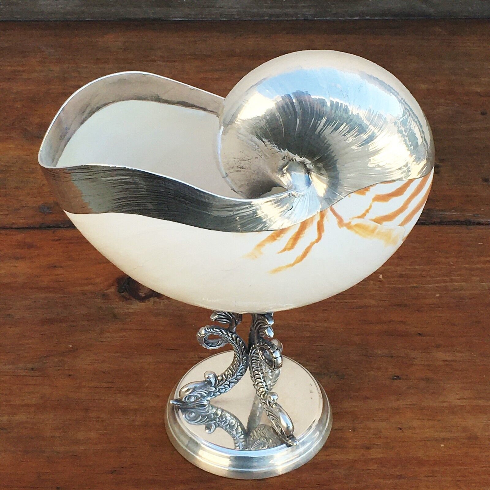 20th C. Italian Silver Mounted Tiger Nautilus Shell on Three Dolphin ...