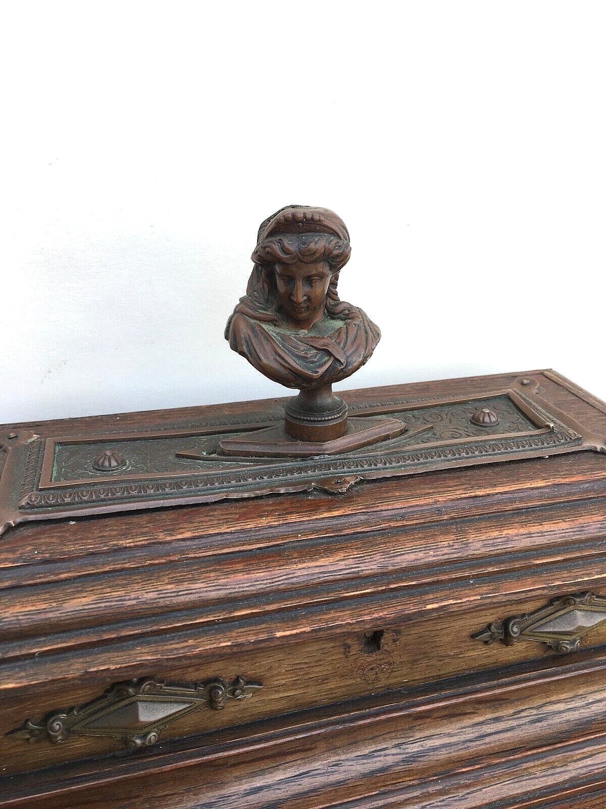 19th Century Wood, Copper Mounted Table Top Jewelry Box W/ a Secret ...