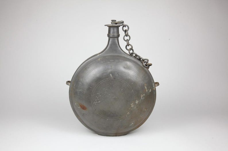 19th C. Pewter Pilgrim Flask, Canteen With Chain and Screw on Lid - Etsy
