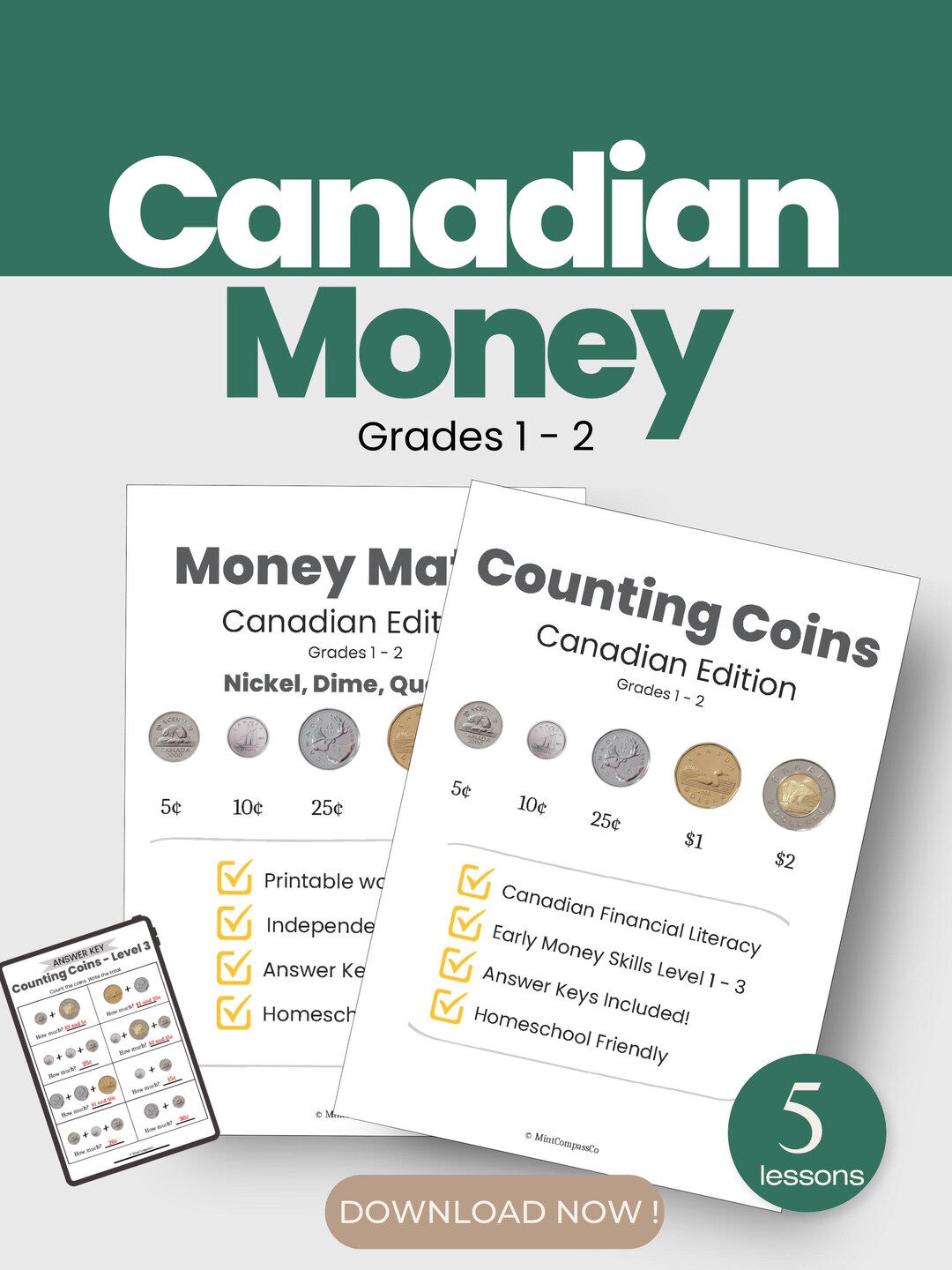 Canadian Money Worksheets Grades 1-2: Counting Coins, Financial ...