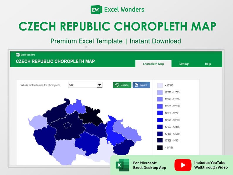 Czech Republic Heat Map Excel Template | Choropleth Data Visualization for Analysts (digital ...