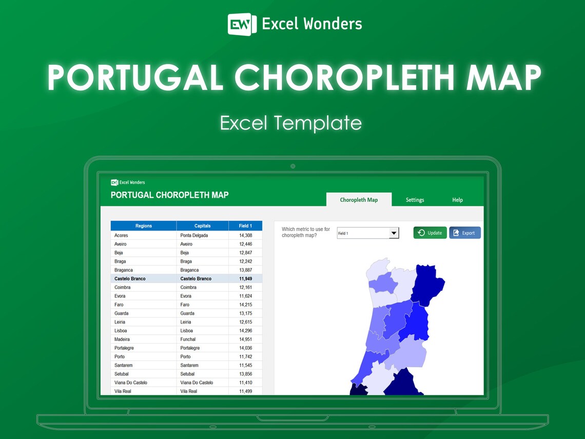 Portugal Choropleth Map Excel Template | Data Visualization Tool for ...