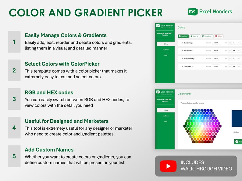 Color & Gradient Picker Excel Template | Plan Stunning Design Grid, Color Palette, Hex Codes ...