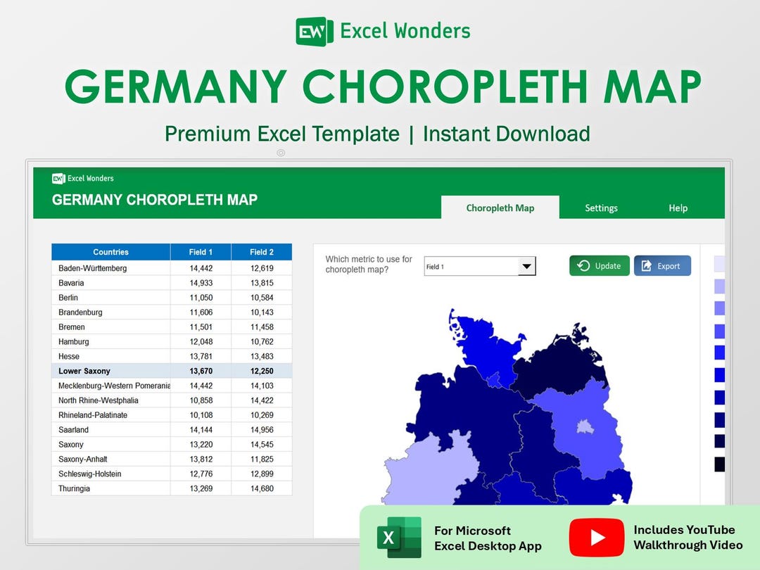Germany Map Excel Template | Choropleth Heat Map | Data Visualization for Reports (digital ...