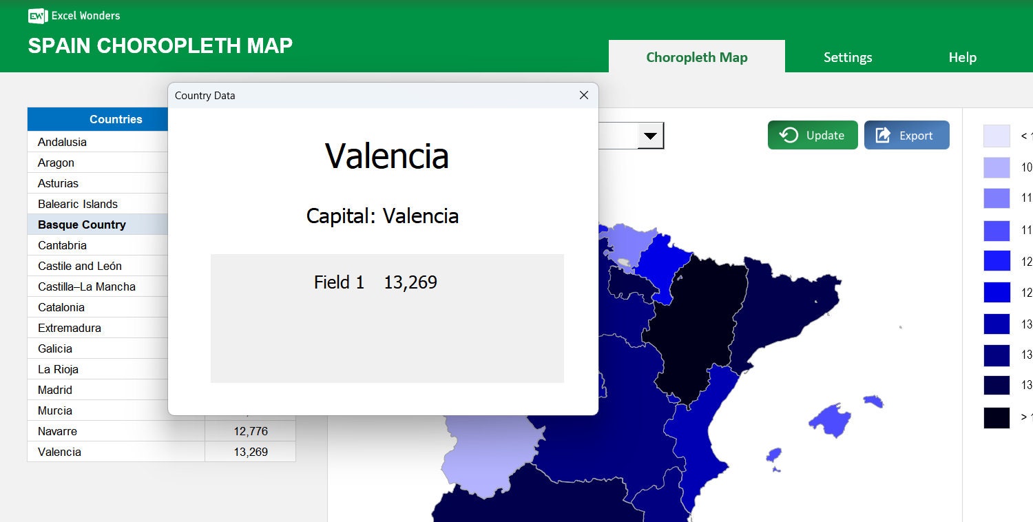 Spain Choropleth Map Excel Template | Interactive Editable Color-coded ...