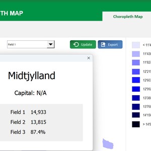 Denmark Choropleth Map Excel Template | Color-coded Map of Denmark for ...