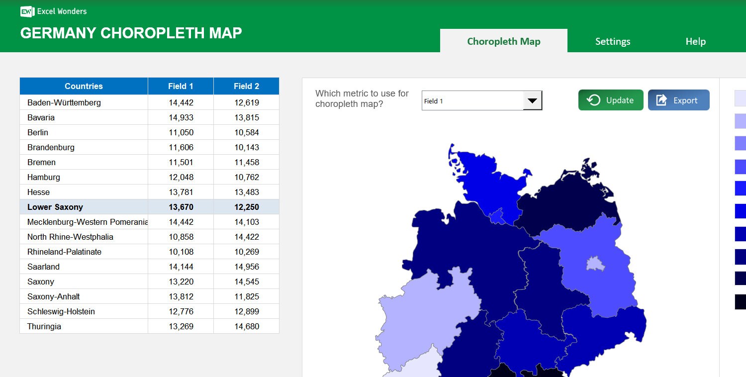Germany Map Excel Template | Choropleth Heat Map | Data Visualization ...