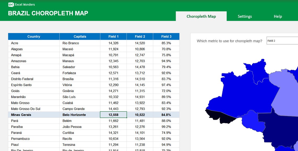 Brazil Choropleth Map Excel Template | Interactive Data Visualization ...