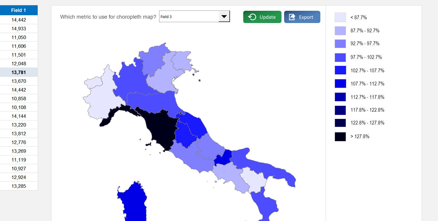 Italy Choropleth Map Excel Template | Interactive Color-coded Italian ...