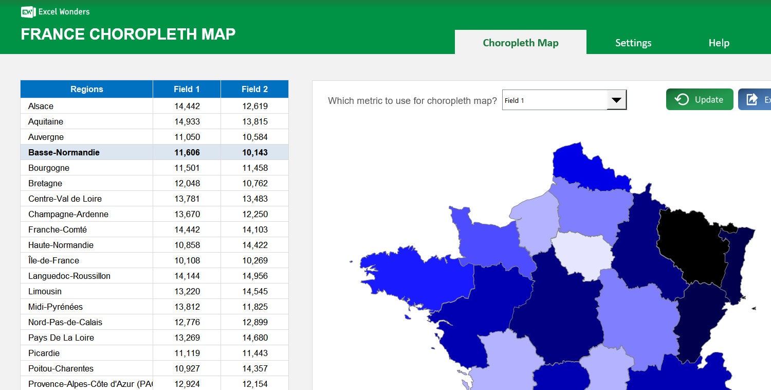 France Choropleth Map Excel Template | Data Visualization Tool for Map ...