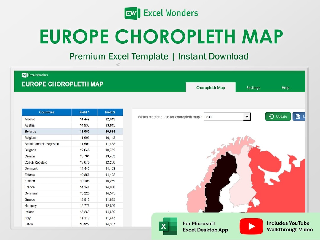 Europe Map Choropleth for Excel | Data Visualization Template ...