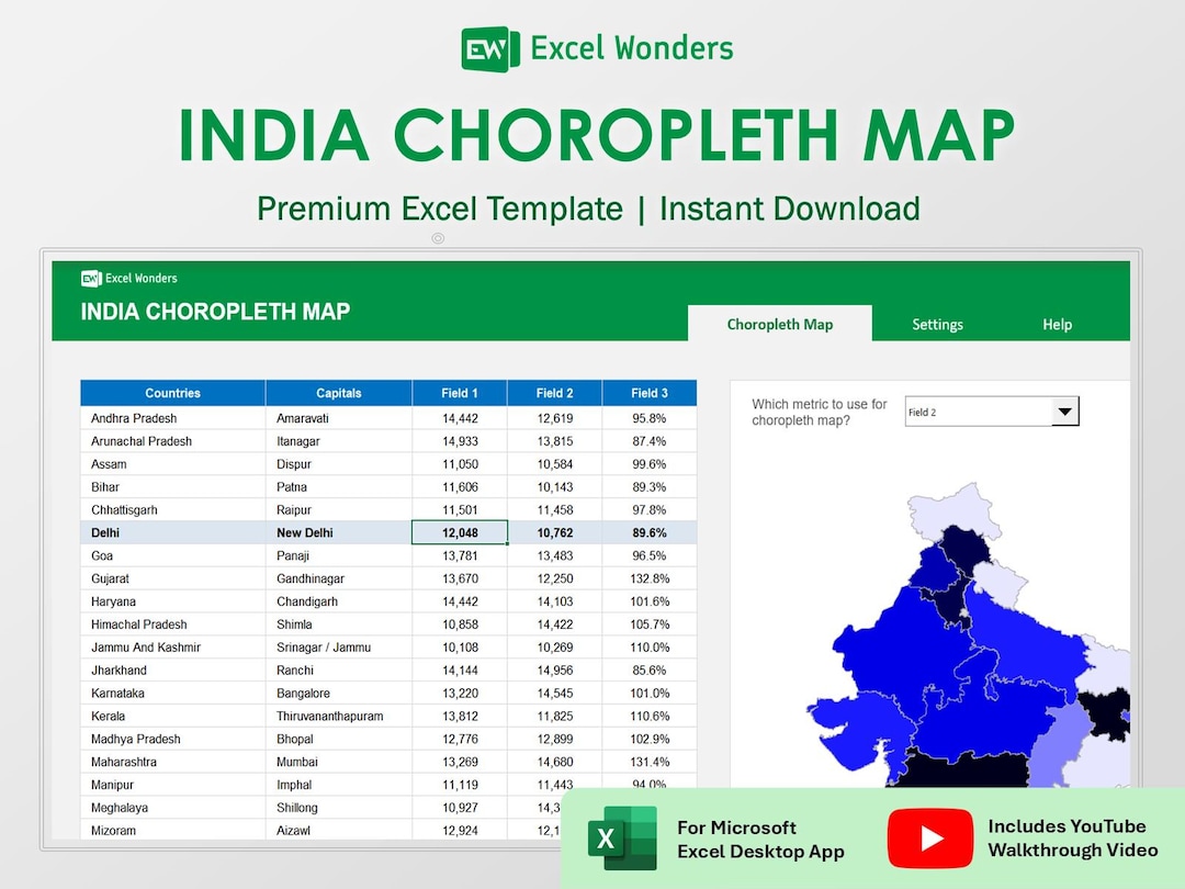 India Excel Map | Choropleth Chart Template | Data & State ...