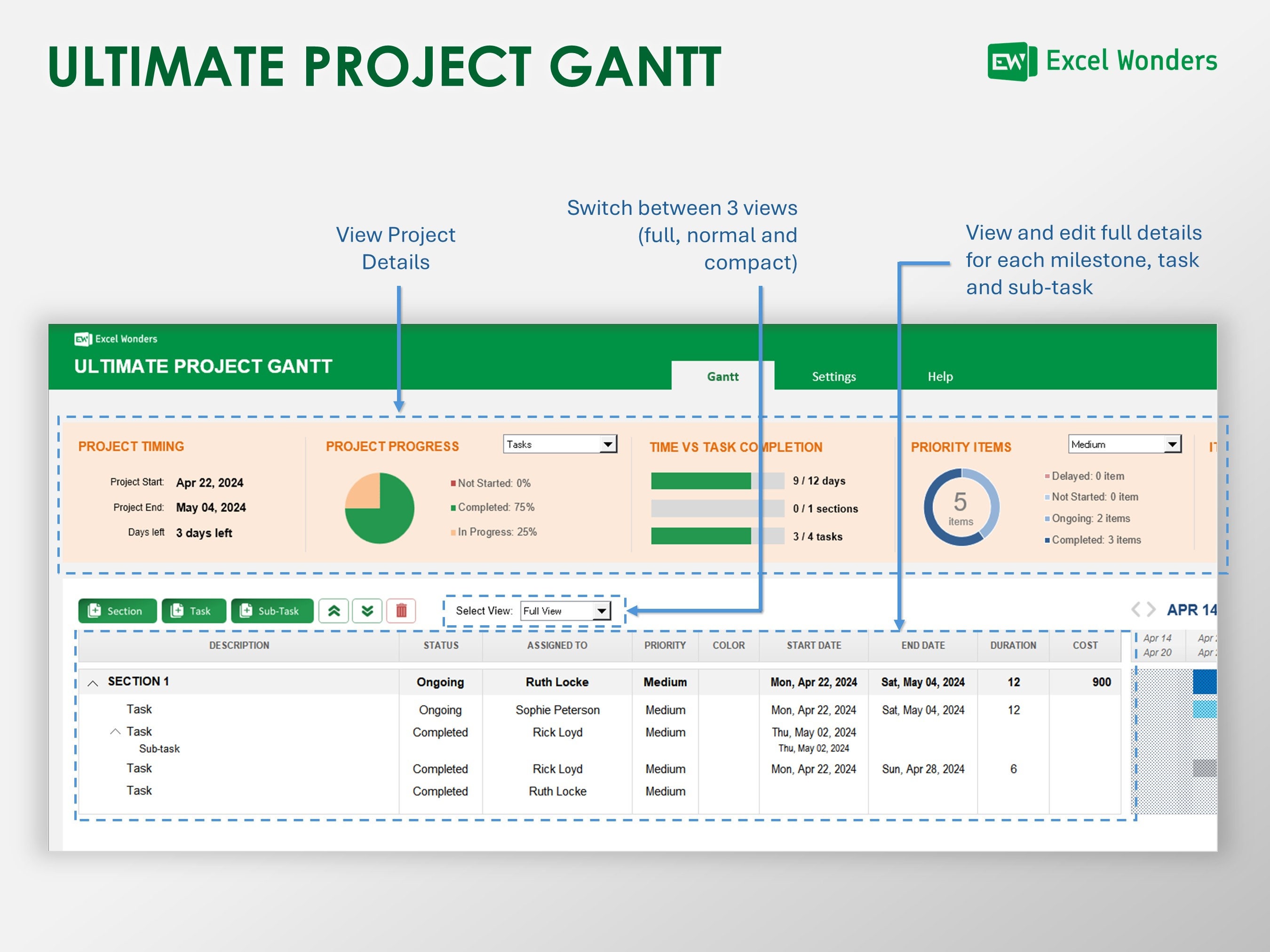 Ultimate Project Gantt Chart Excel Template | Planner, Timeline ...