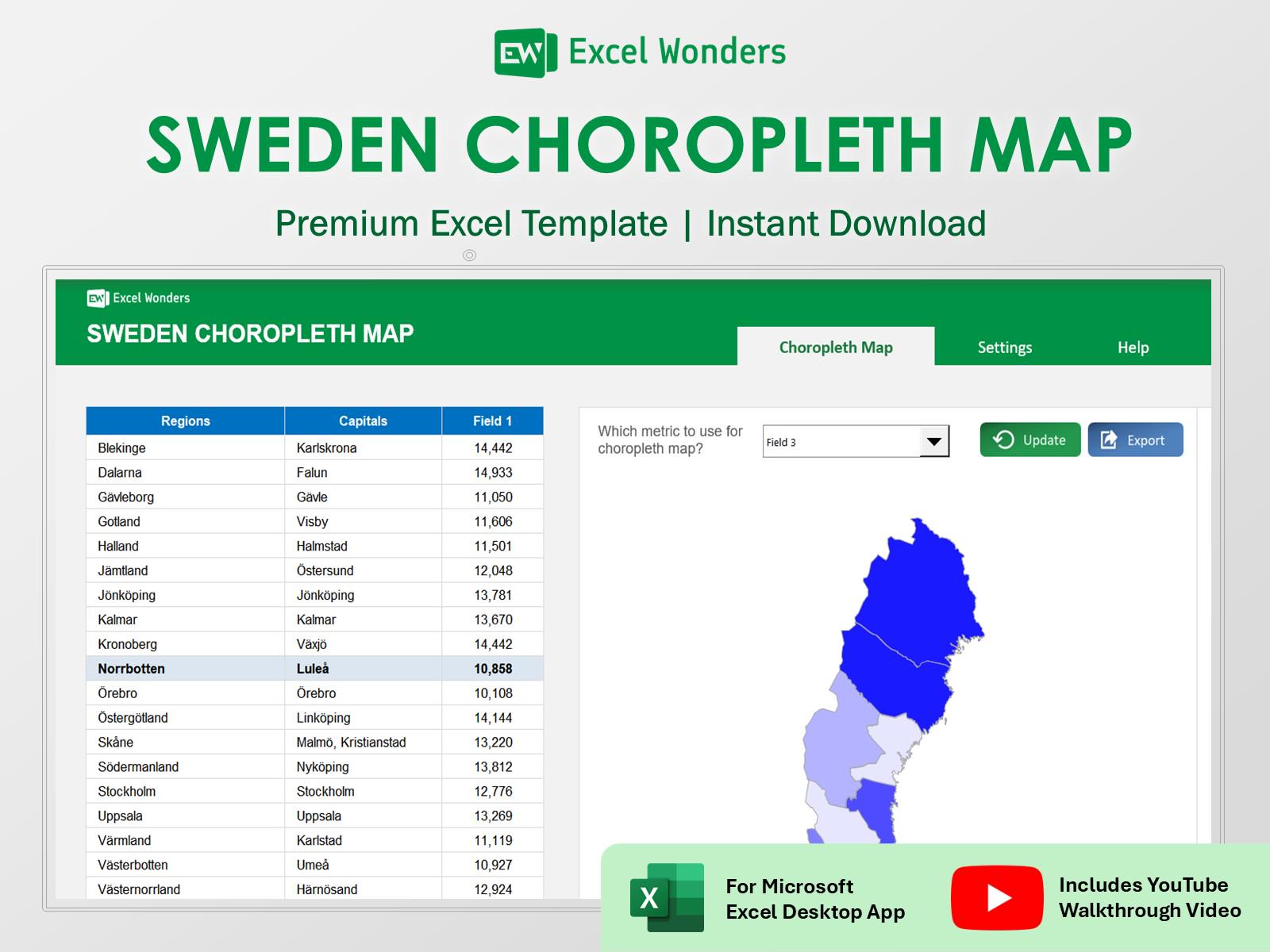 Sweden Choropleth Map Excel Template | Interactive Geographic Data ...