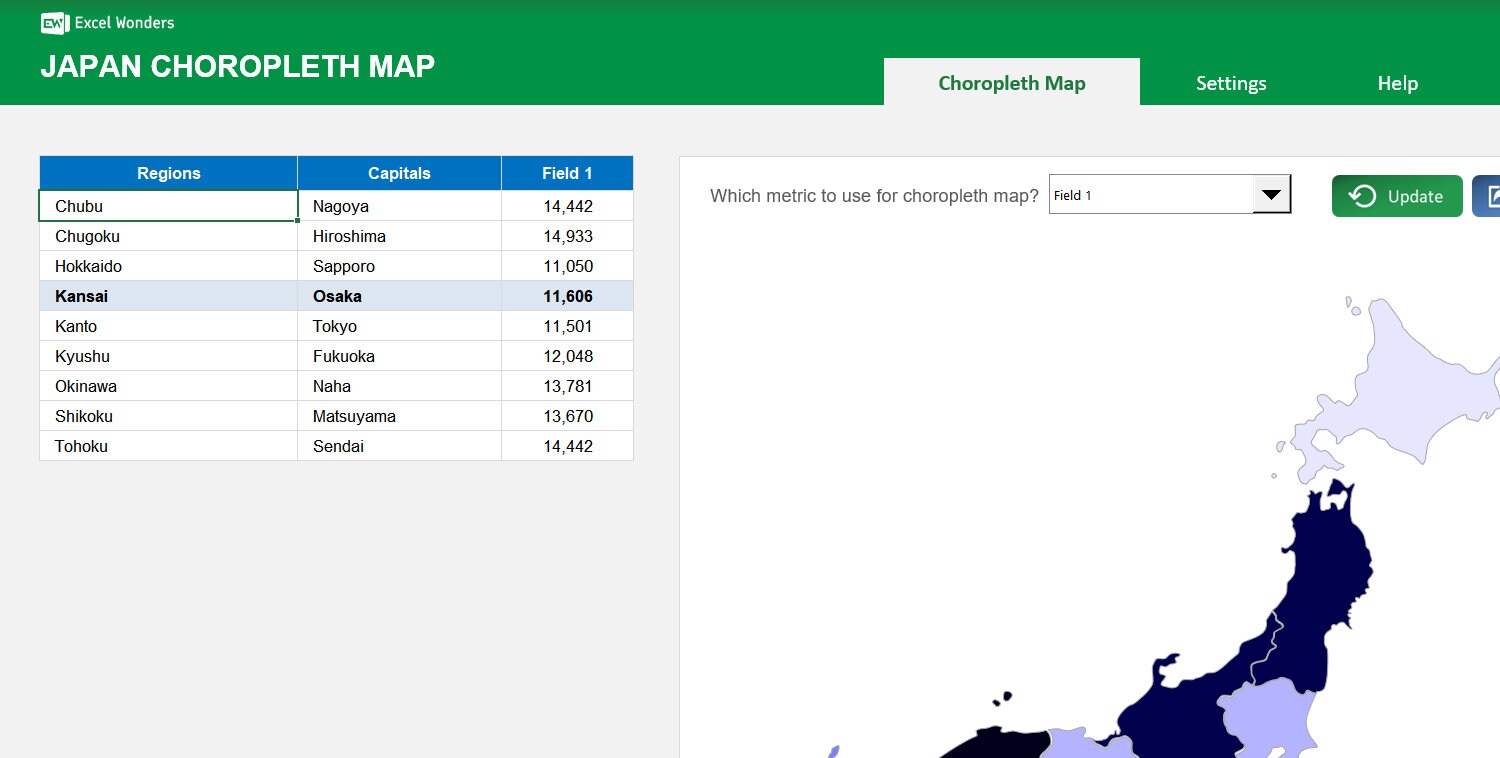 Japan Map Excel Template | Choropleth Color-coded Regions for Data ...