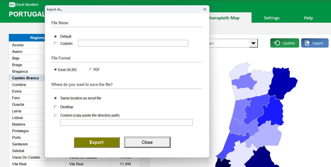 Portugal Choropleth Map Excel Template | Data Visualization Tool for ...