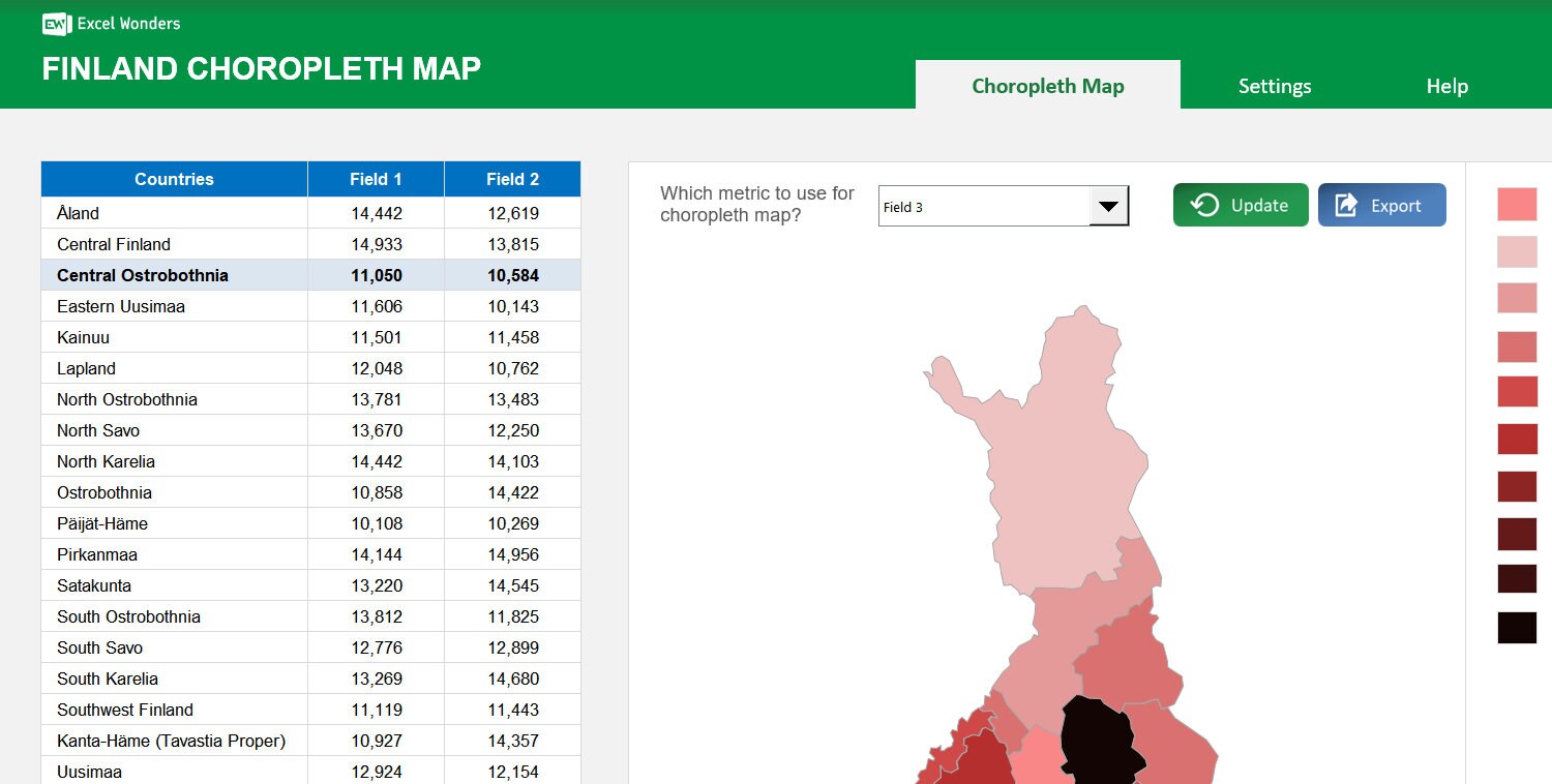 Finland Choropleth Map Excel Template | Data Visualization Spreadsheet ...