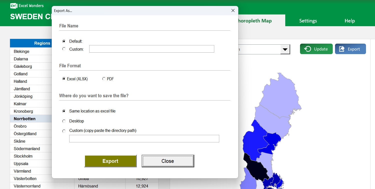 Sweden Choropleth Map Excel Template | Interactive Editable Color-coded ...