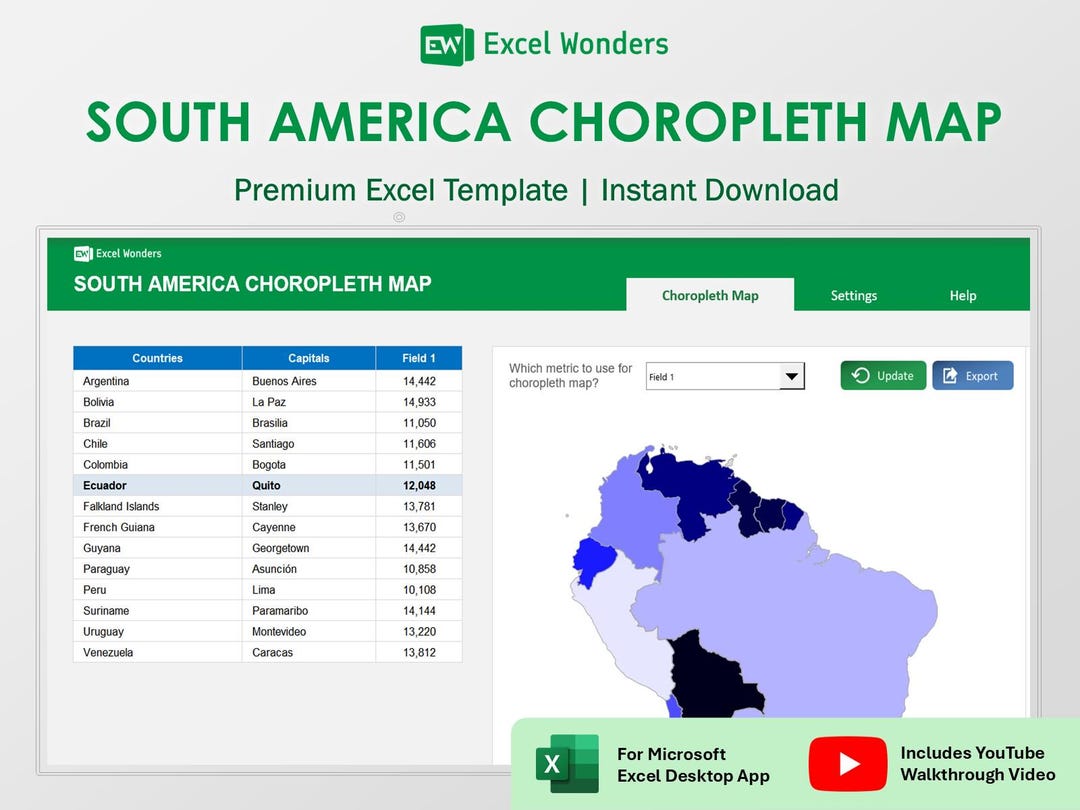 South America Choropleth Map Excel Template | Interactive Educational ...