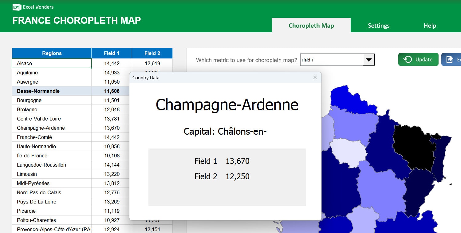 France Choropleth Map Excel Template | Data Visualization Tool for Map ...