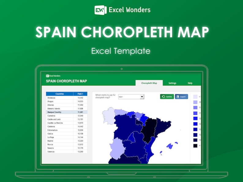 Spain Choropleth Map Excel Template | Interactive Editable Color-coded ...