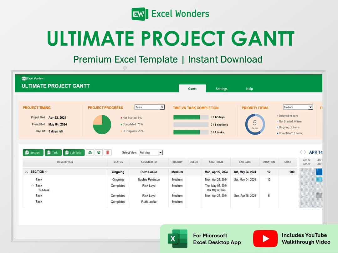 Ultimate Gantt Chart Template Excel | Project Timeline & Task Planner ...