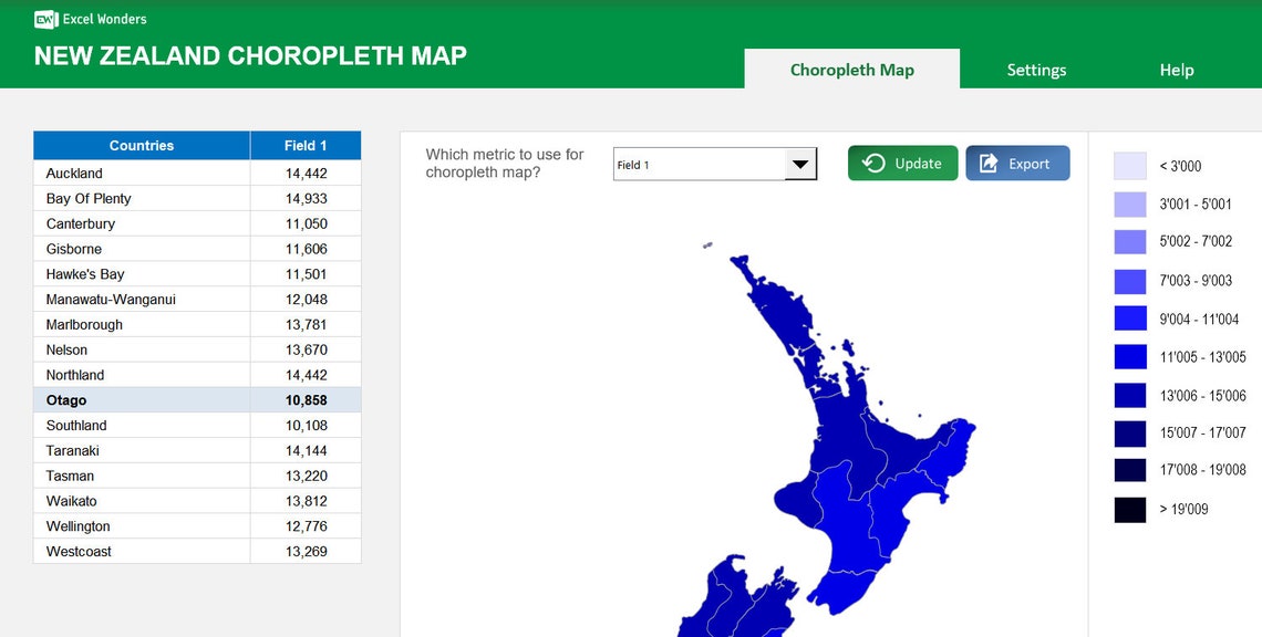 New Zealand Choropleth Map Excel Template | Interactive Color-coded New ...