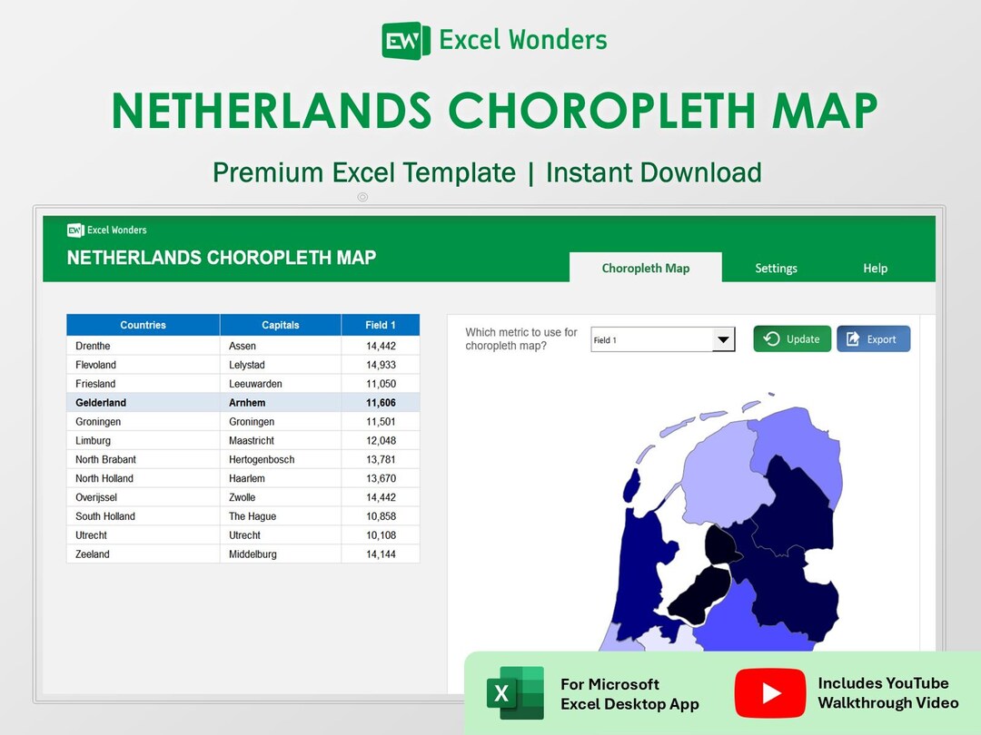 Netherlands Postcode Map Excel Template | Color-coded Choropleth for ...