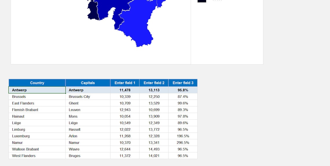 Belgium Choropleth Map Excel Template | Excel Wonders | Detailed Data ...