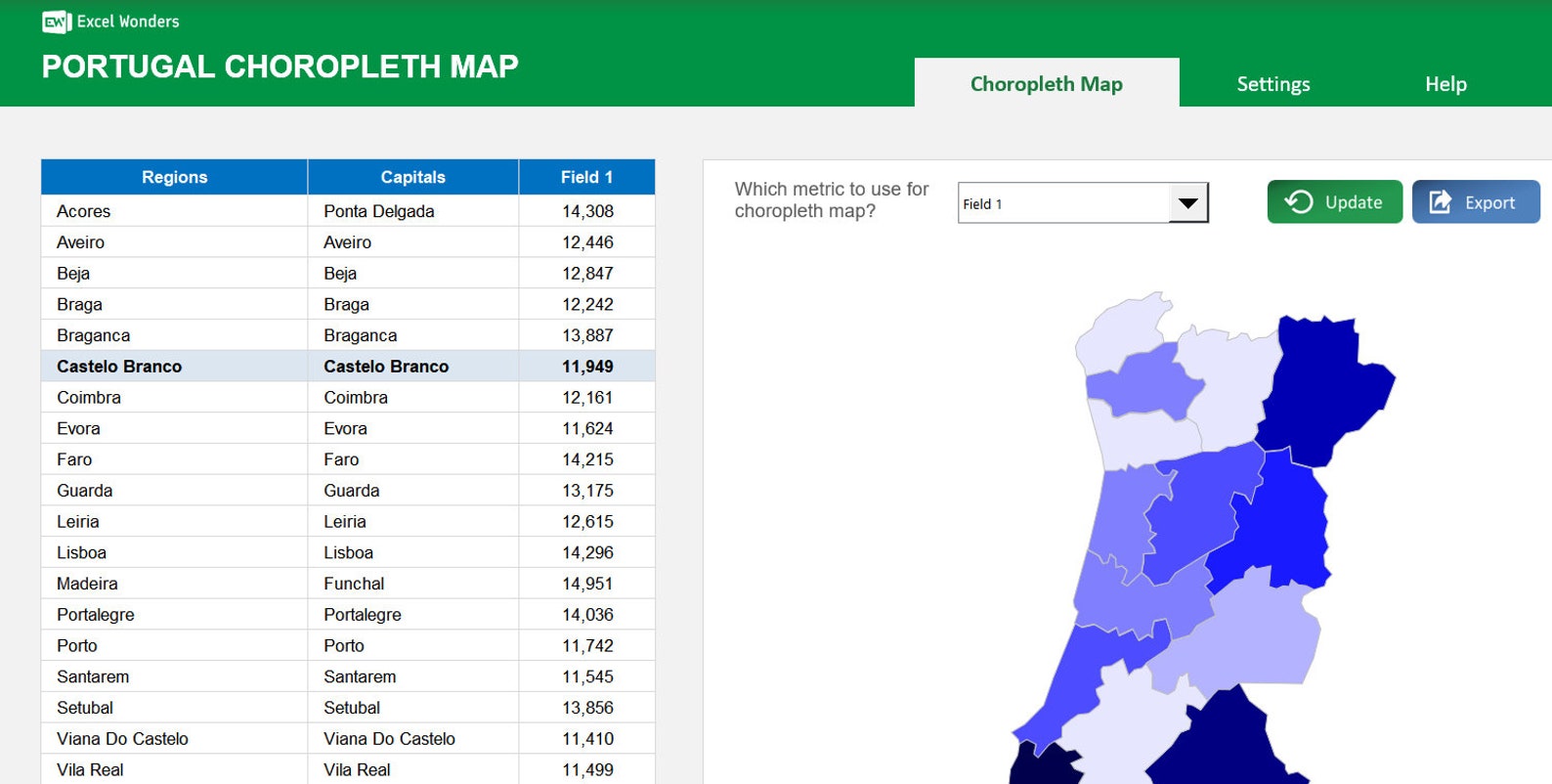 Portugal Choropleth Map Excel Template | Data Visualization Tool for ...