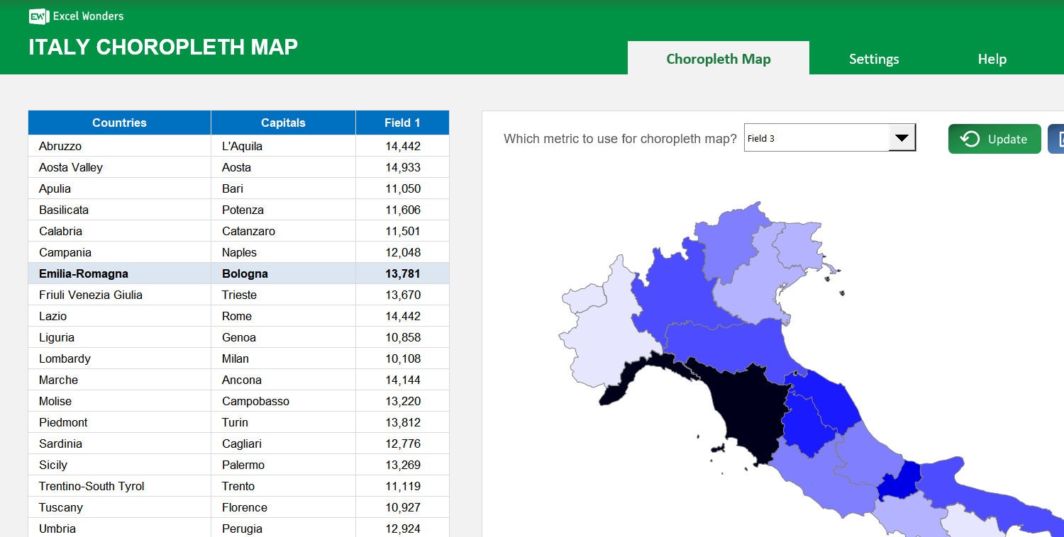 Italy Choropleth Map Excel Template | Interactive Color-coded Italian ...